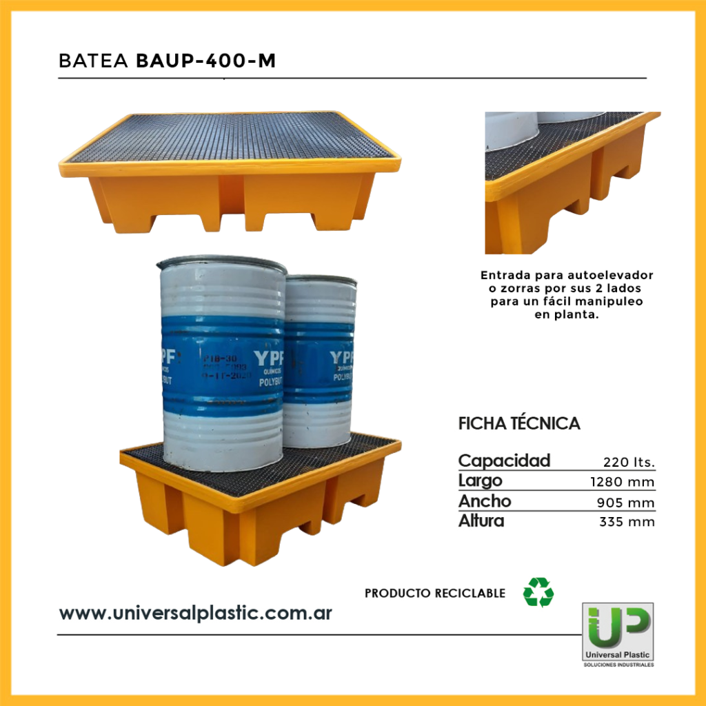 Batea antiderrame reforzado / 2 tambores BAUP-400-M | Universal Plastic